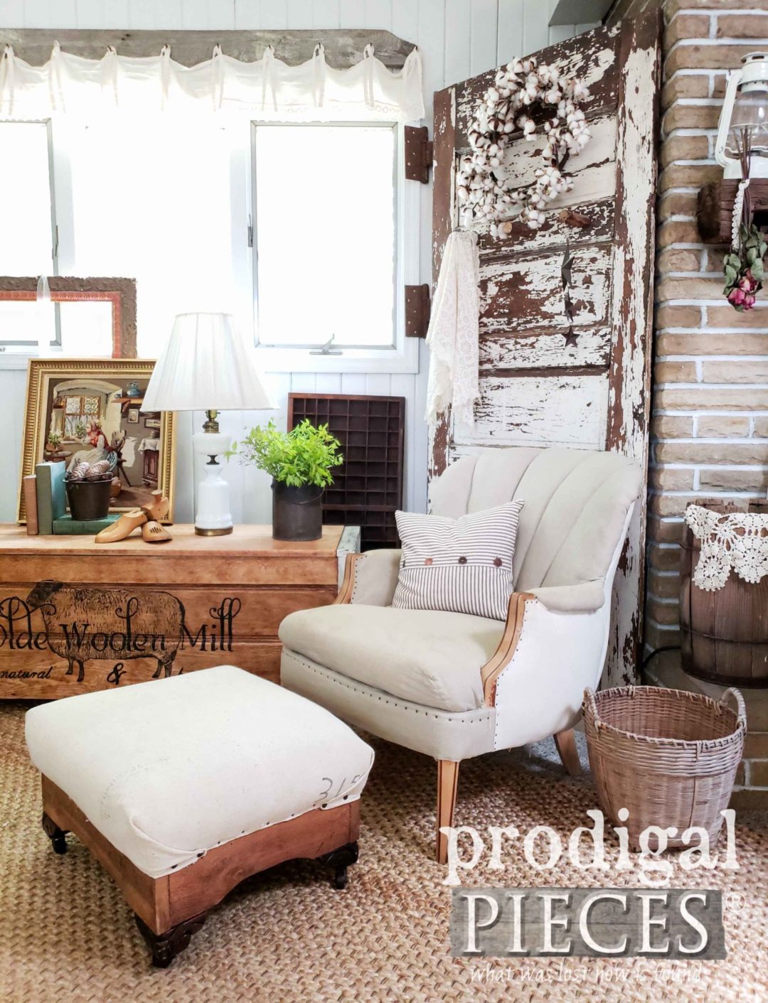 Deconstructed Ottoman with Feed Sack Upholstery - Prodigal Pieces