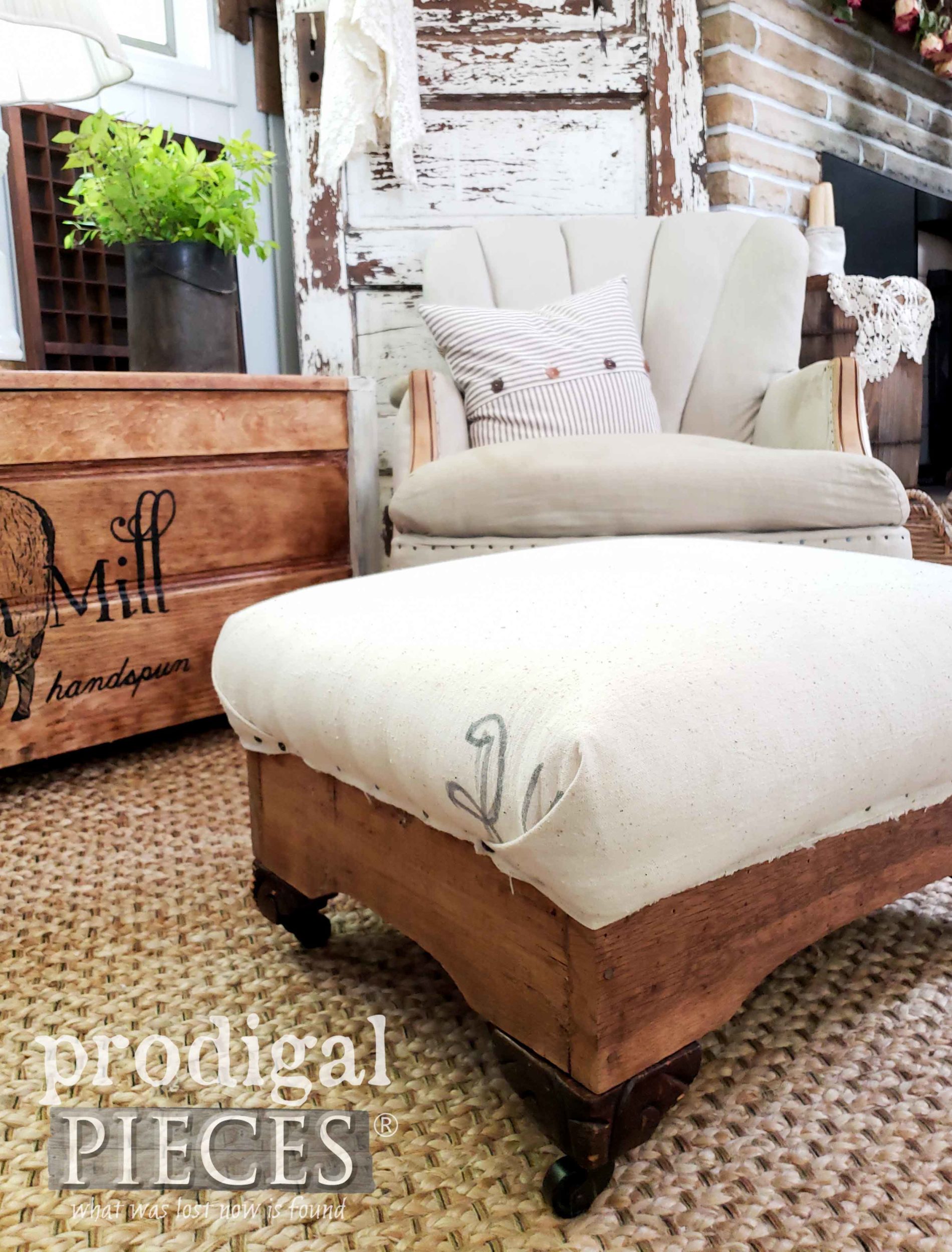 Deconstructed Ottoman with Feed Sack Upholstery - Prodigal Pieces