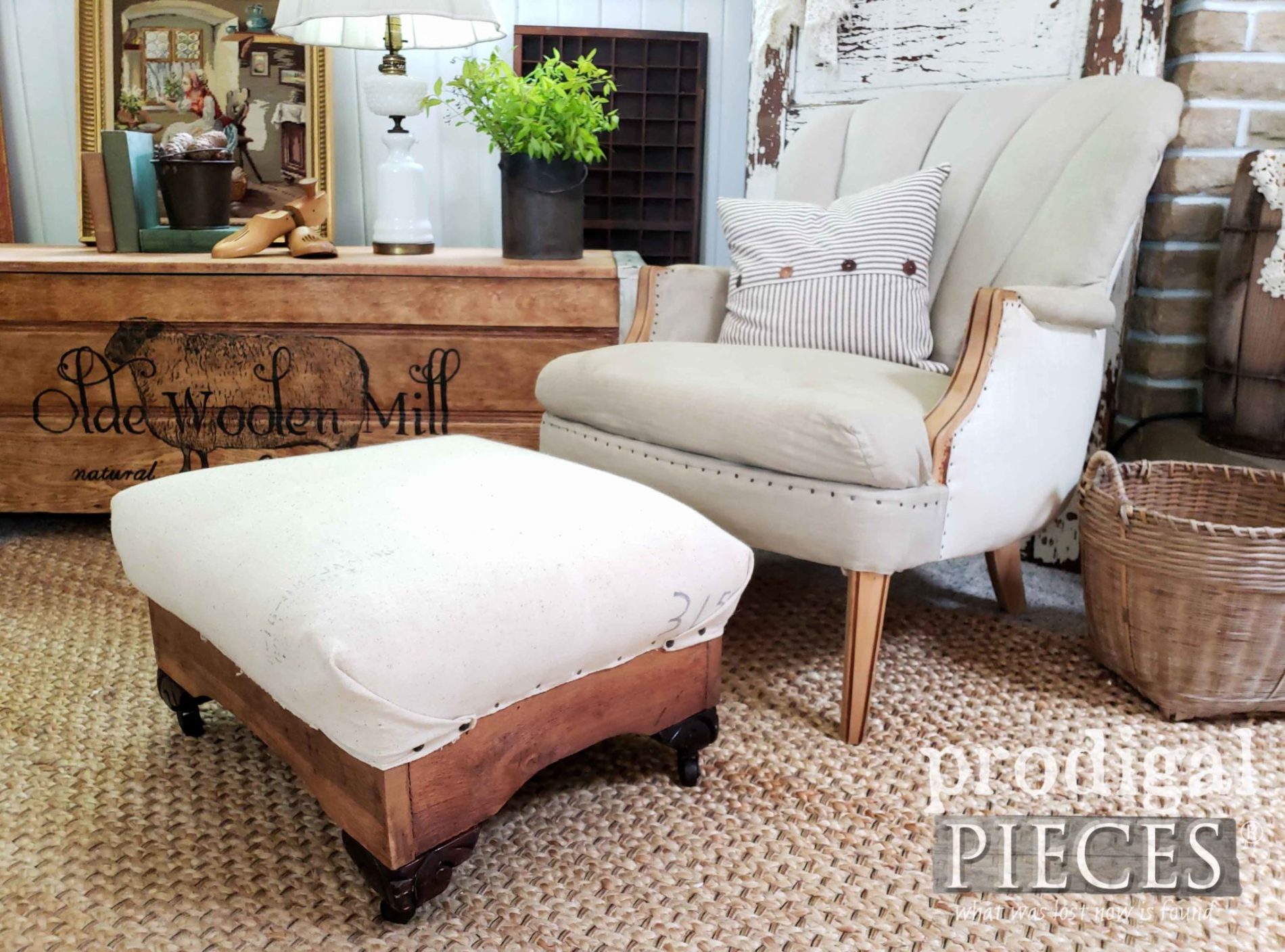 Deconstructed Ottoman with Feed Sack Upholstery - Prodigal Pieces