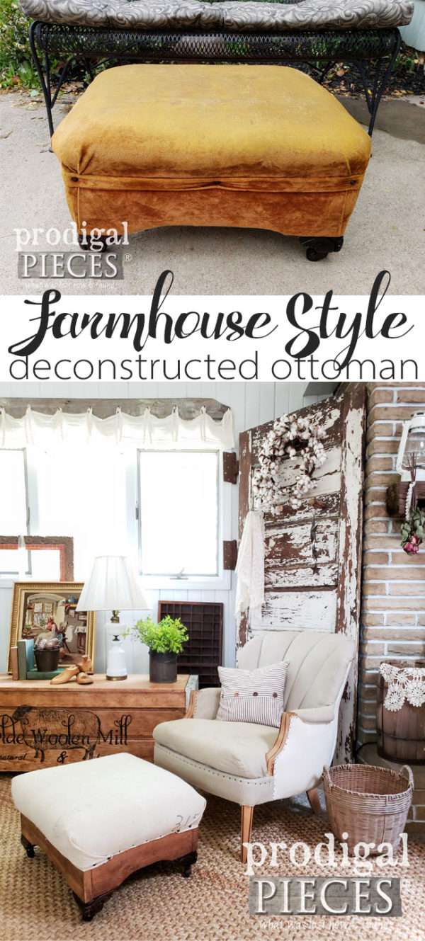 Deconstructed Ottoman with Feed Sack Upholstery - Prodigal Pieces