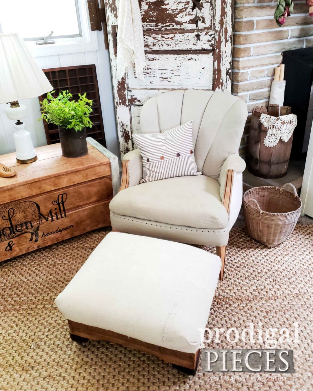 Deconstructed Ottoman with Feed Sack Upholstery - Prodigal Pieces