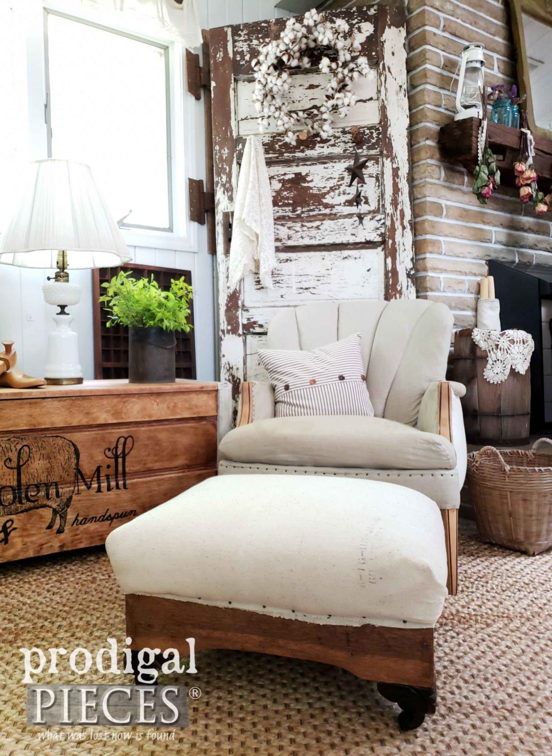 Deconstructed Ottoman with Feed Sack Upholstery - Prodigal Pieces