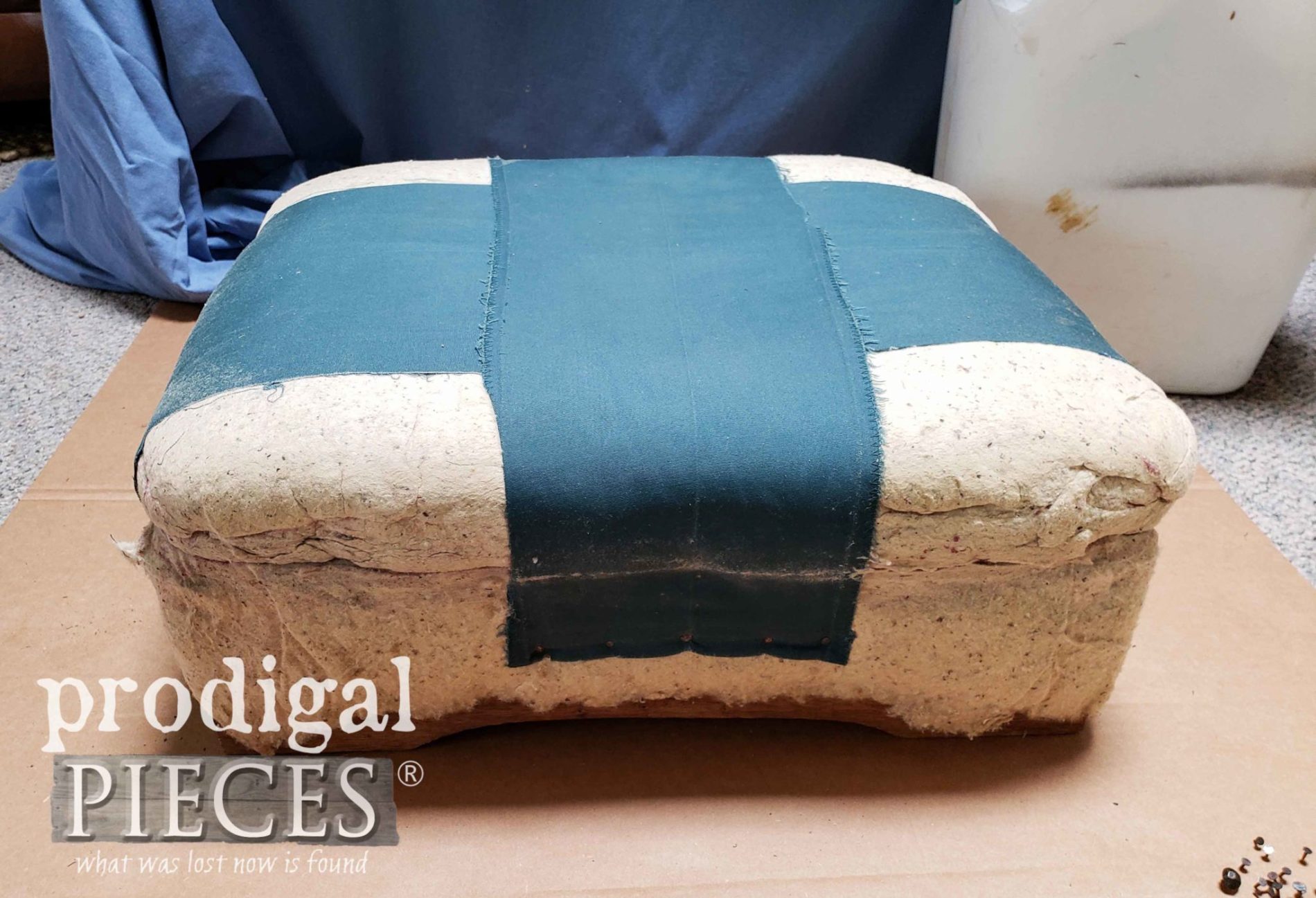 Deconstructed Ottoman with Feed Sack Upholstery - Prodigal Pieces