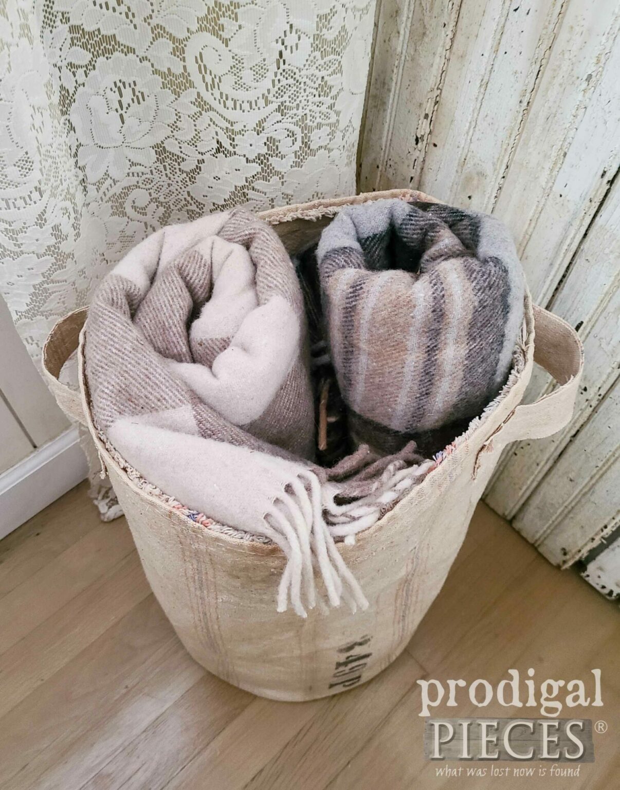 Refashioned Feed Sack Bucket - Prodigal Pieces
